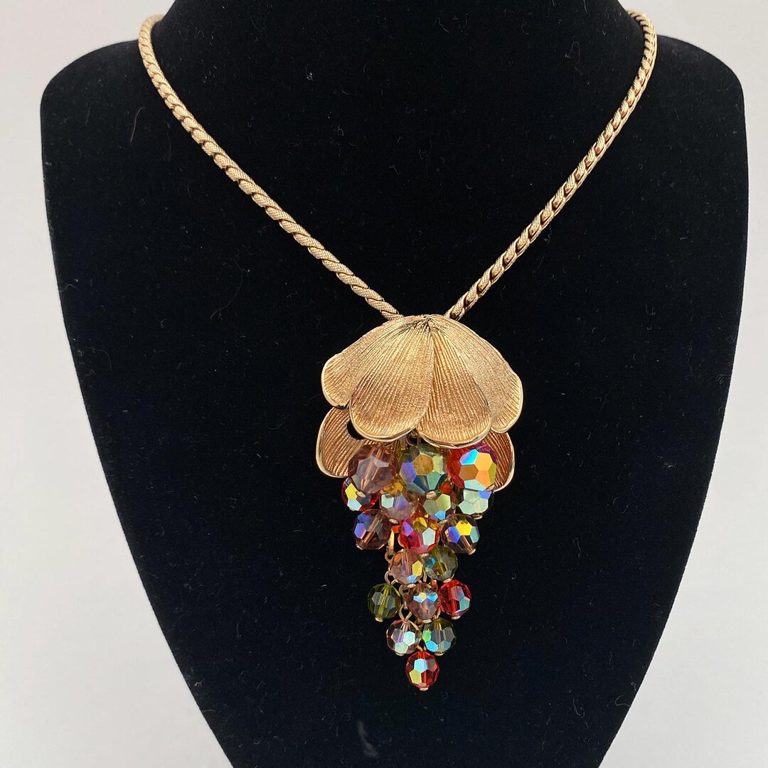 Rare Vintage Crystal Beaded Grape Cluster Dangle Necklace Gold Tone ...