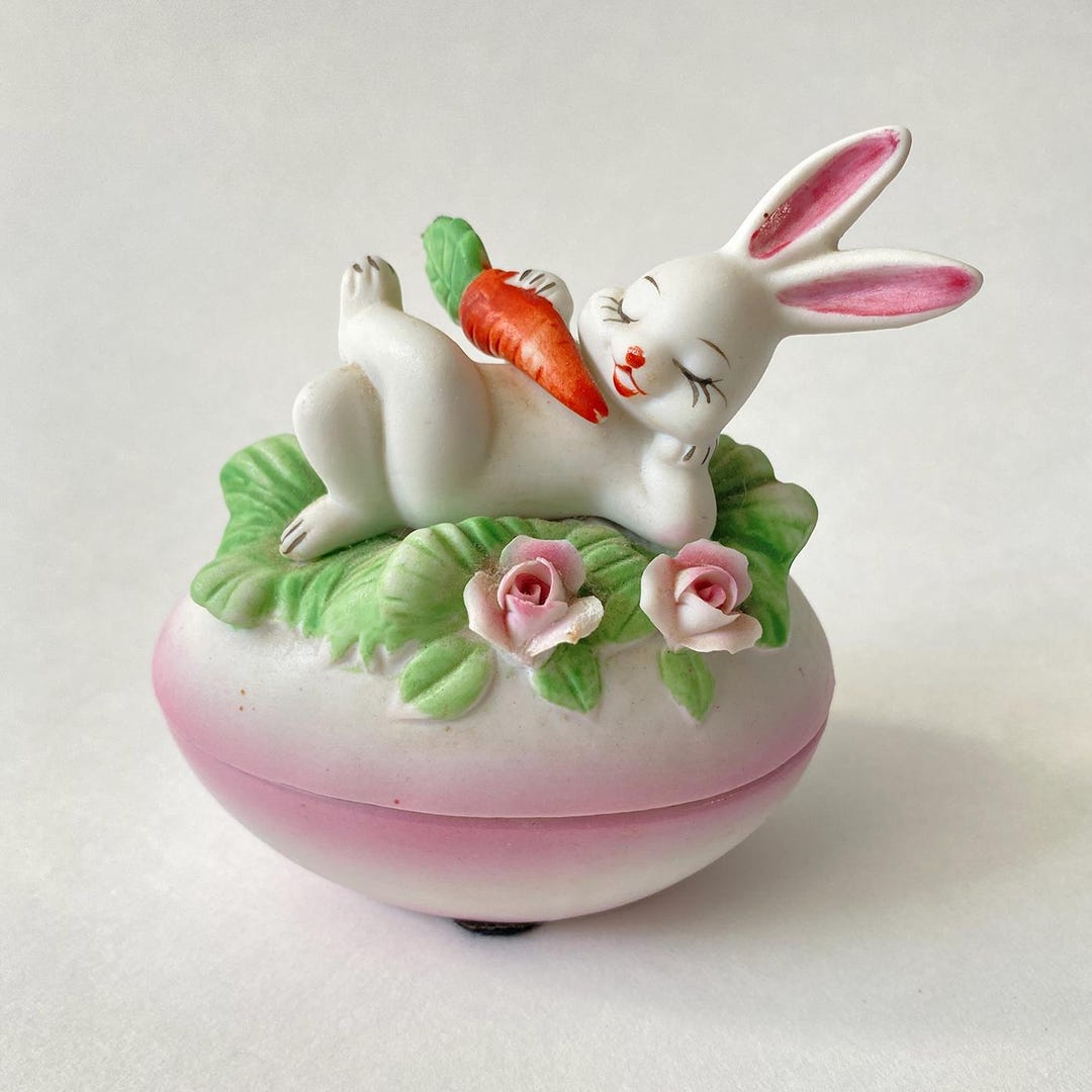 Vintage Lefton China Bunny on Egg Trinket Dish Easter Rabbit With ...
