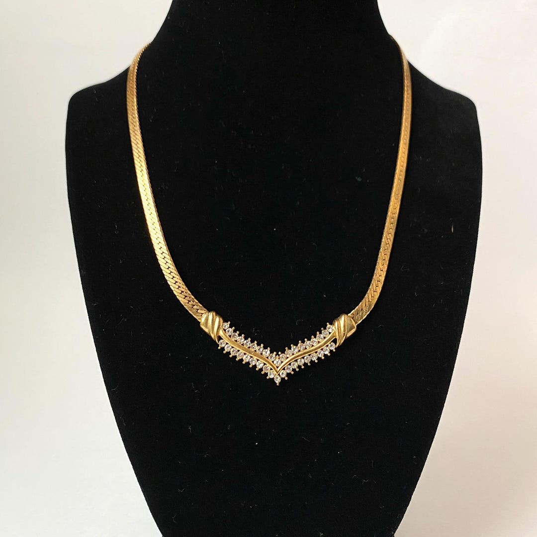 Vintage 80s V-shaped Gold Tone With Clear Crystal Rhinestones Necklace ...