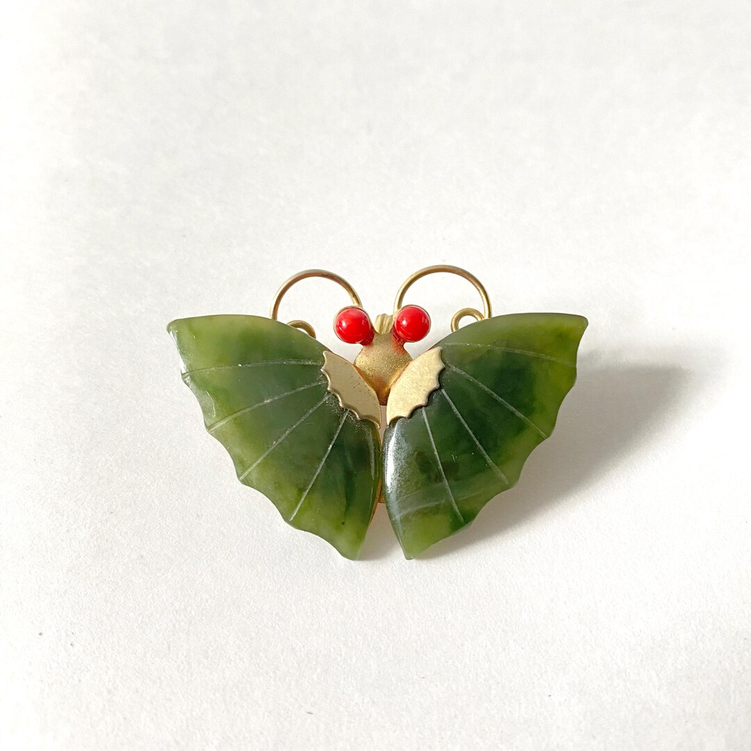 Vintage Jade Moth Brooch Gold, Red, Green Butterfly Pendant Necklace ...