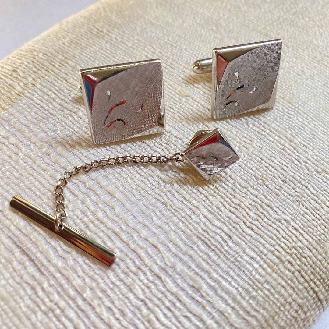 Vintage Swank Silver Tone Cuff Links and Tie Tack Pin Set - Mid Century ...