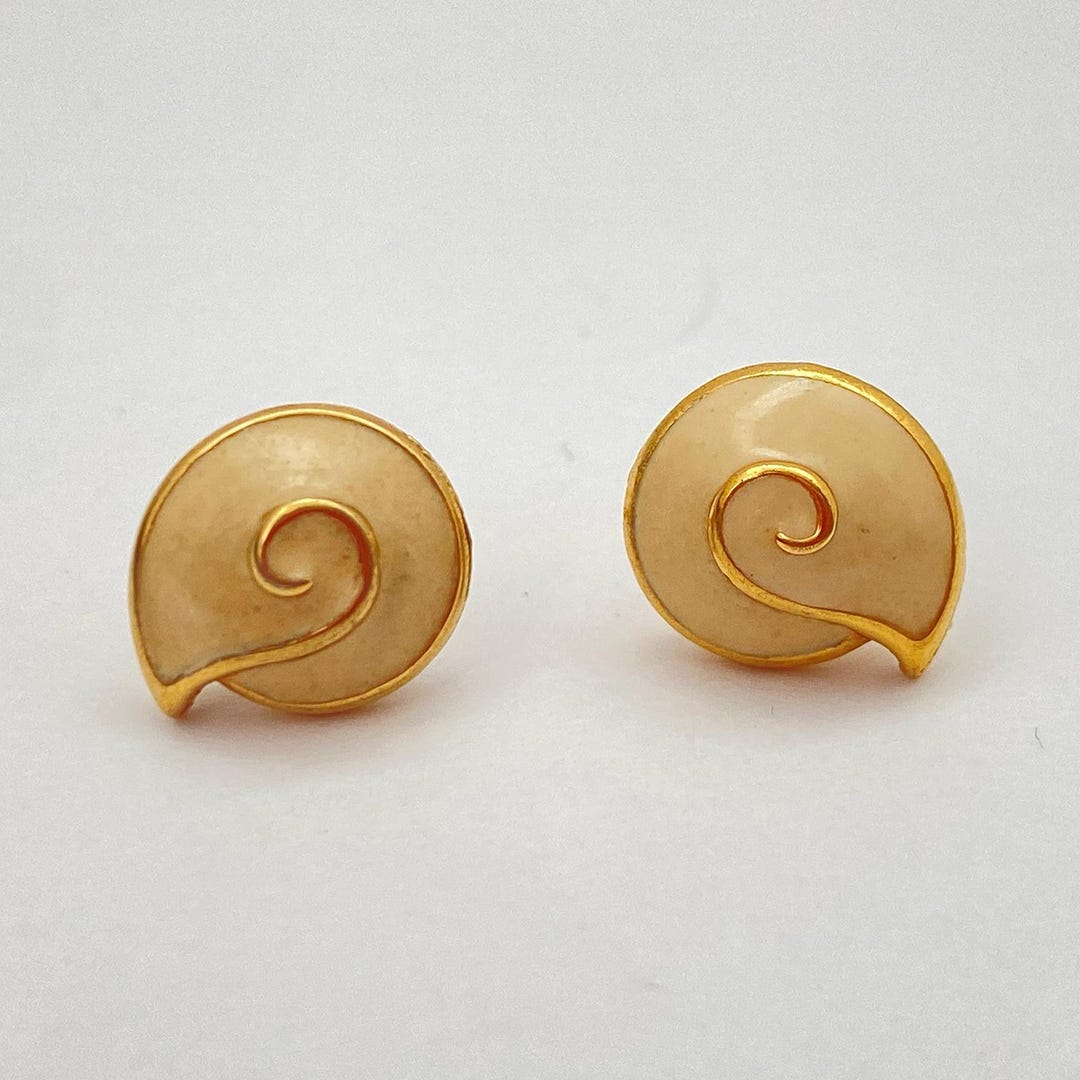 Vintage 80s Monet Cream Enamel Spiral Shell Earrings: Gold Studs - Etsy