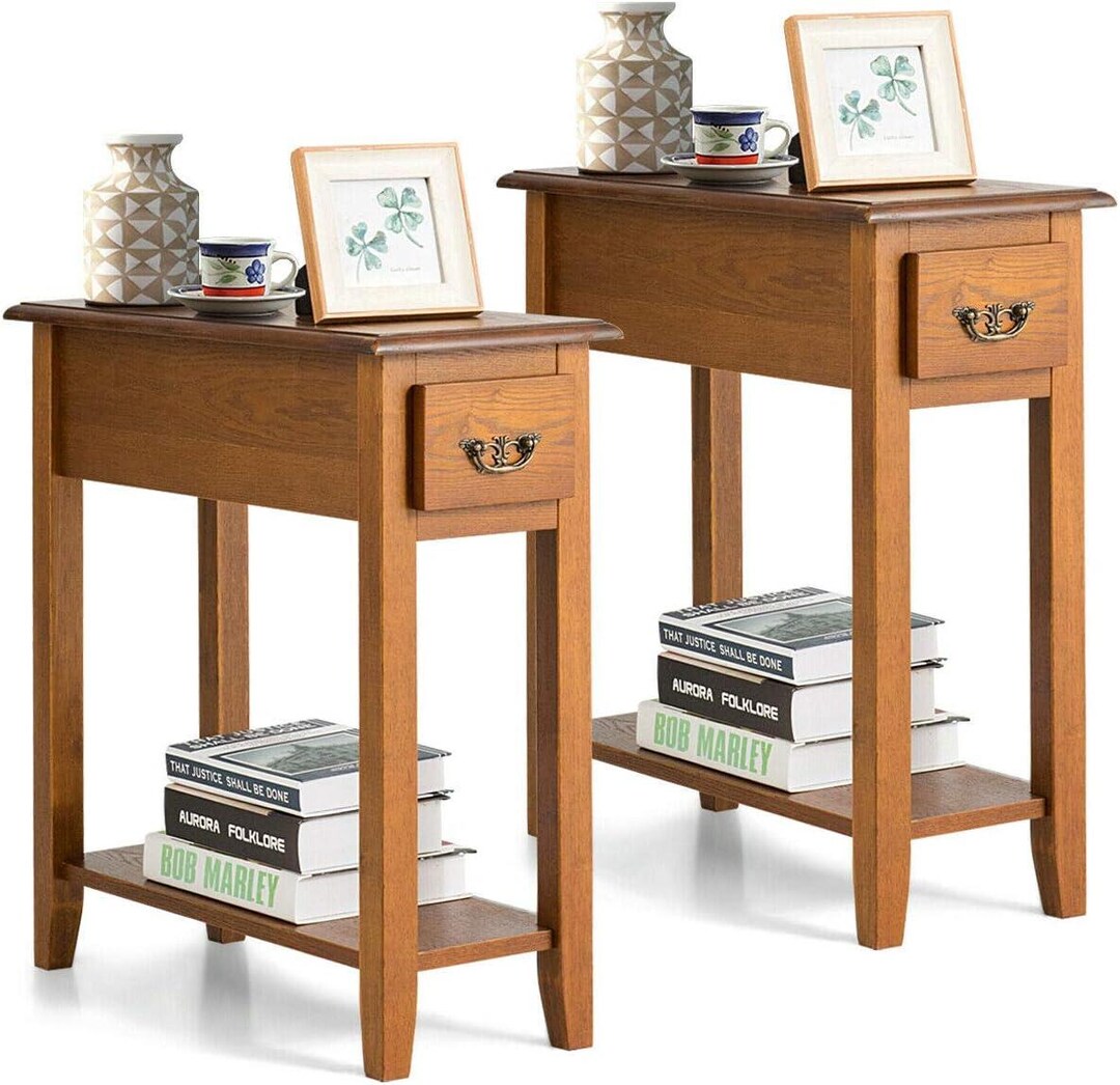 Narrow End Table, Slim Side Table With Drawer and Open Shelf, Small End ...