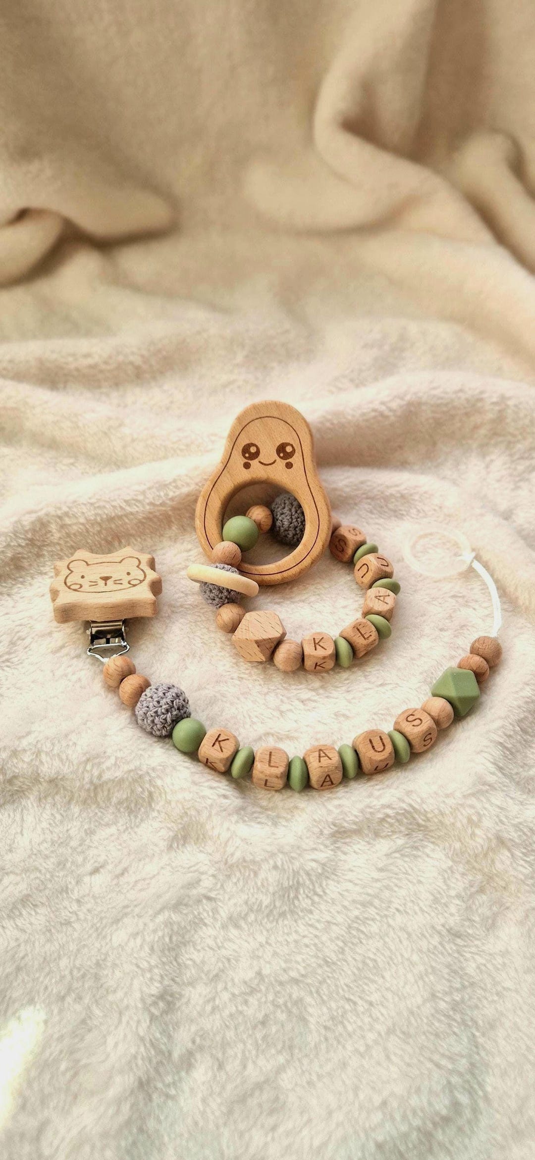 Baby Gift Set Personalized Green – Pacifier Chain With Name & Grasping ...