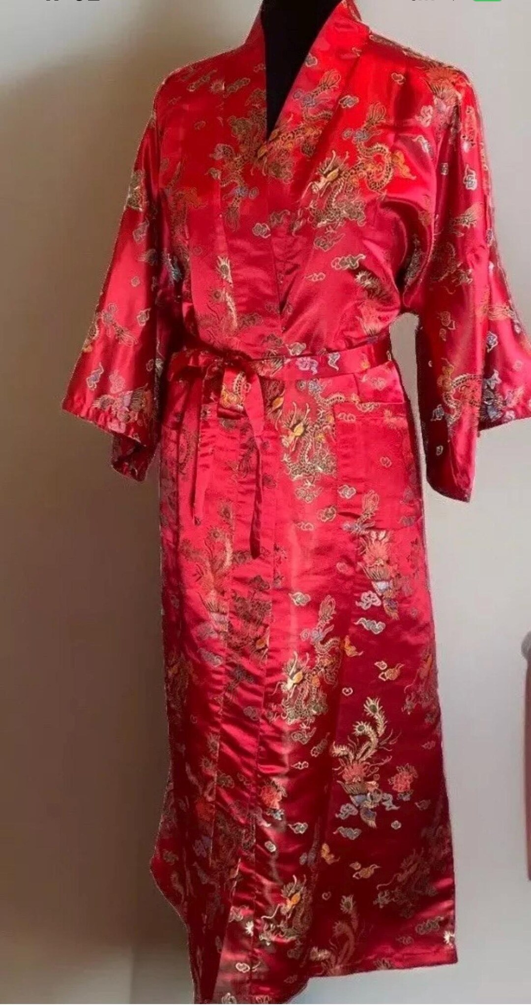 Vintage 1960s Red Chinese Robe Dragon Phoenix Embroidery Multicolored ...
