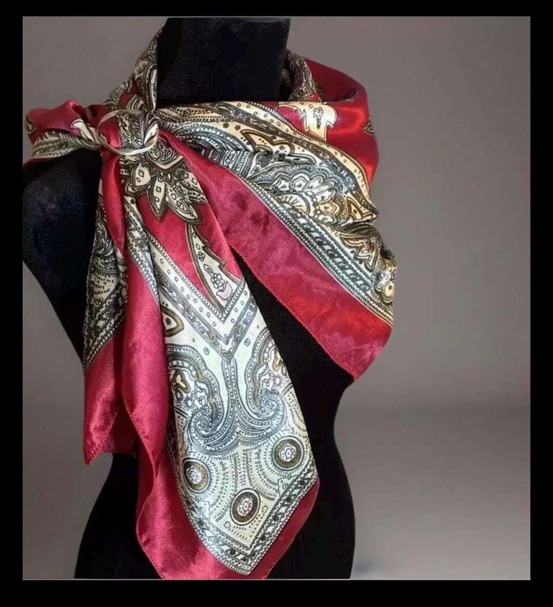 Bold 70’s Paisley Satin Scarf With a Deep Red Border, Beige and Black ...