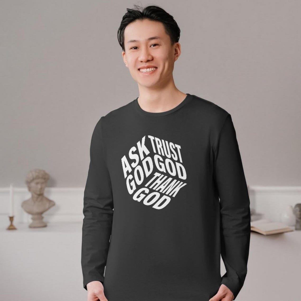 Ask God, Trust God, Thank God Cube Shaped Graphic T-shirt Design. White ...