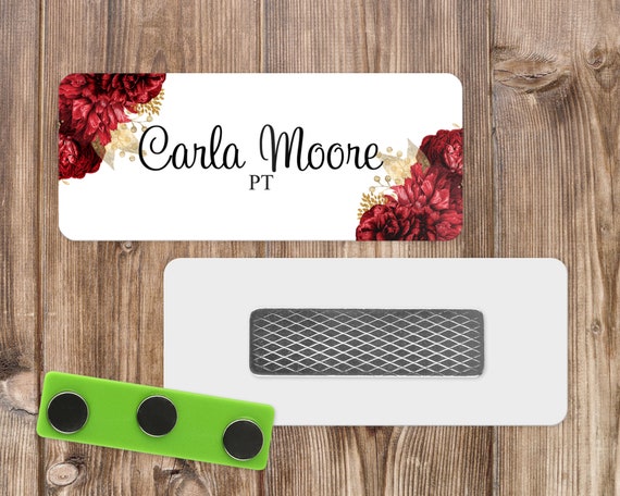 Red Roses Name Tag Custom Flower Name Badge Magnetic or Pin - Etsy