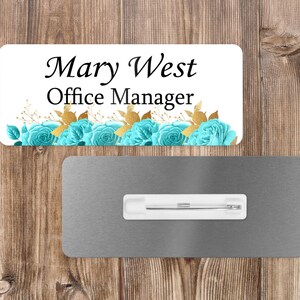 Custom Teal Roses Name Tag, Flower Name Badge, Magnetic or Pin Back - Etsy