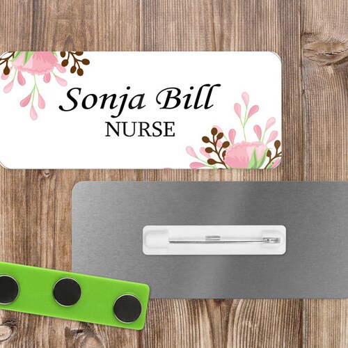 Custom Pink Flower Name Tag Name Badge Magnetic or Pin Back - Etsy