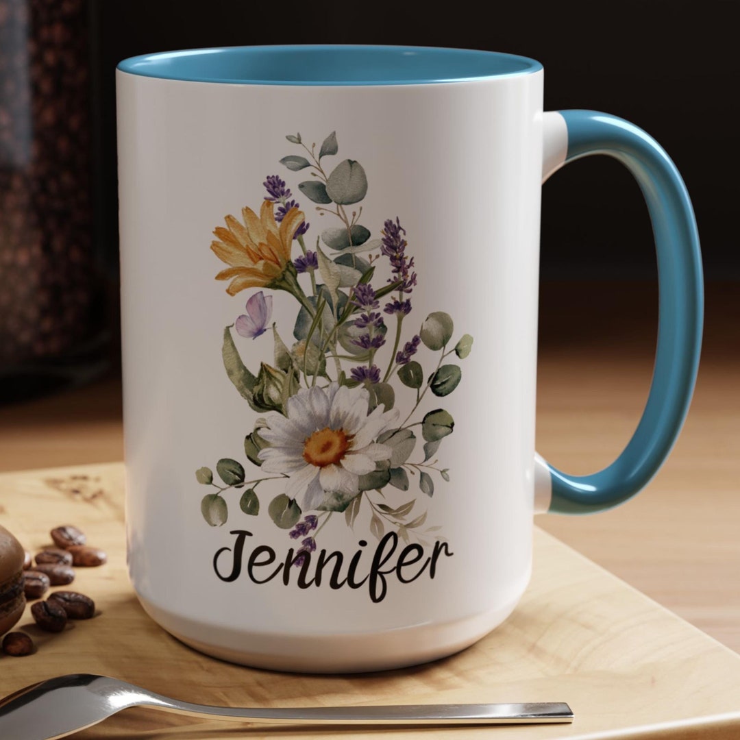 Personalized Floral Name Mug. Custom Ceramic Coffee Cup With Flowers ...