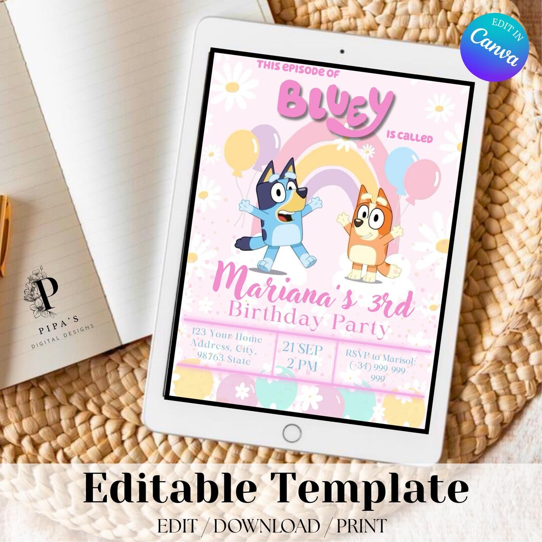 Bluey Birthday Party Digital Invitation Template | Editable Bluey Party ...