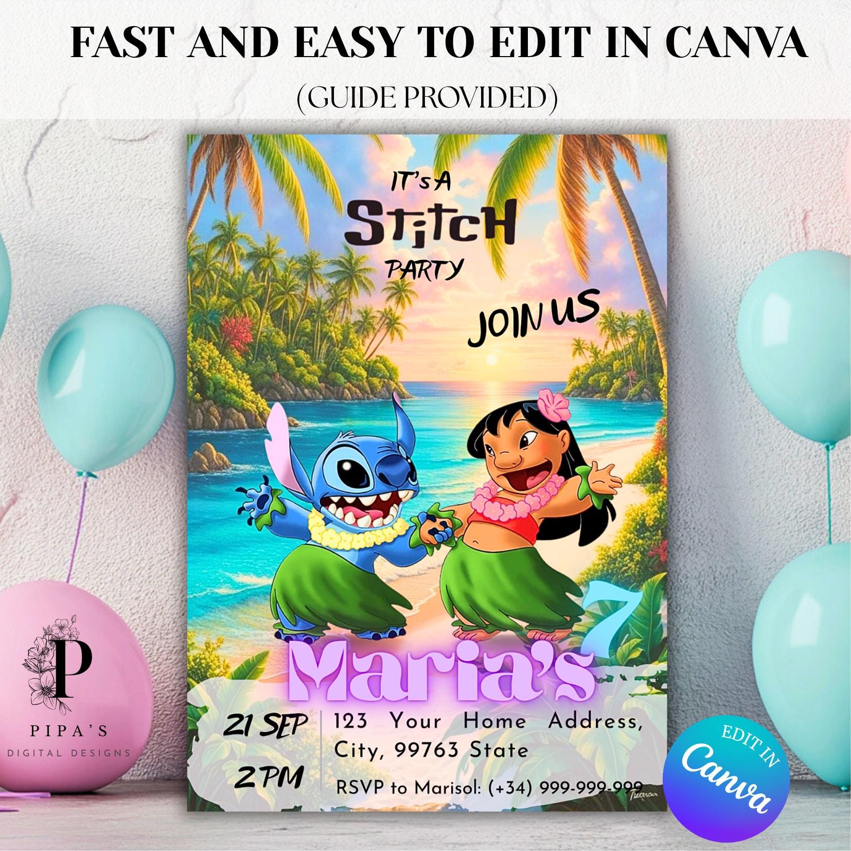 Lilo & Stitch Editable Birthday Party Invite Template for Kids Aloha ...