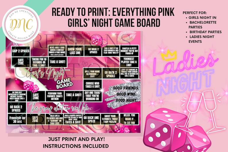 Listo para imprimir: Tablero de juego "Noche de chicas todo rosa ...