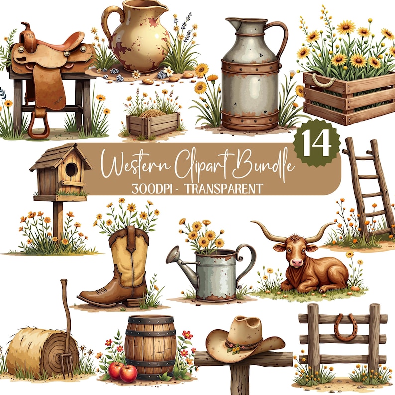 Rustic Western Watercolor Clipart Bundle: Cowboy Boots, Barns, and ...