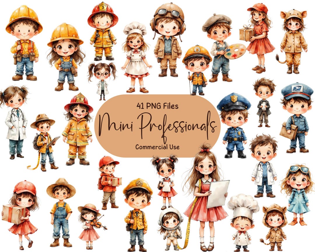Mini Professionals Watercolor Clipart, Kids in Careers PNG, Career ...