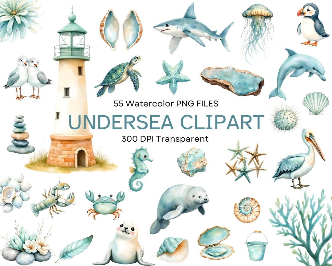 Undersea Watercolor Clipart Bundle, Ocean Sea Animals PNG, Coastal ...