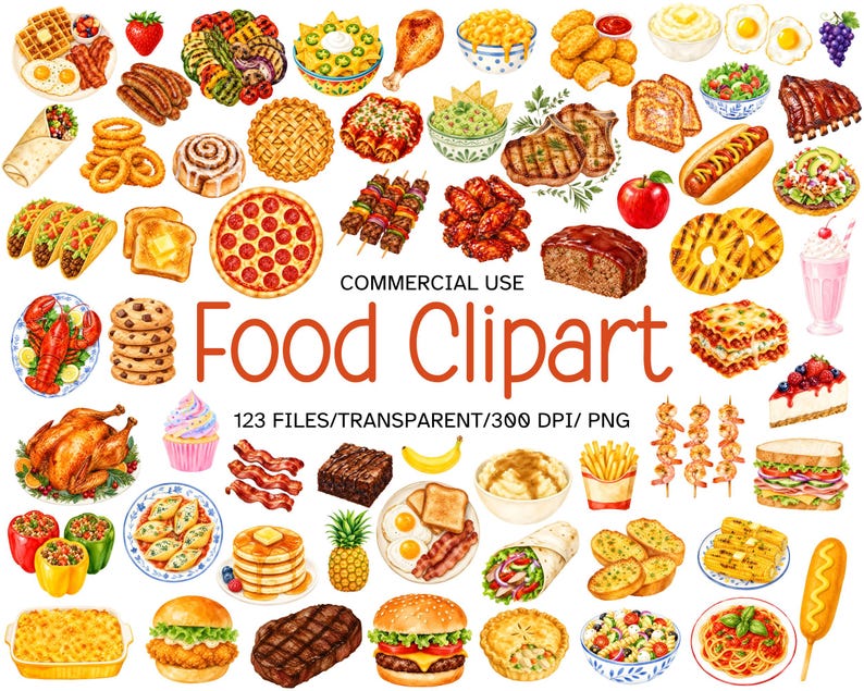 Watercolor Food Clipart Bundle: Fast Food, Desserts, Brunch, Dinner ...