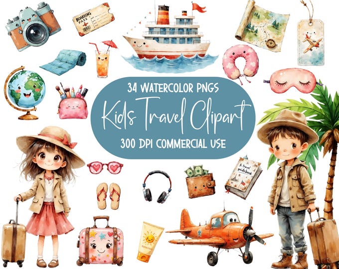 Watercolor Road Trip Clipart: Summer Travel Graphics (PNG Digital ...