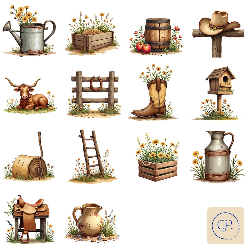 Rustic Western Watercolor Clipart Bundle: Cowboy Boots, Barns, and ...