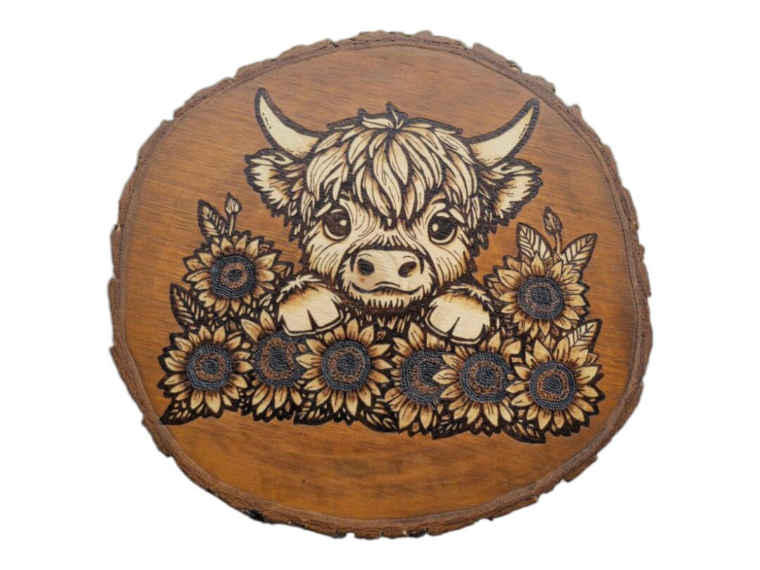 Wood Burned Art Highland Cow in Sunflowers Wall Picture Pyrography ...