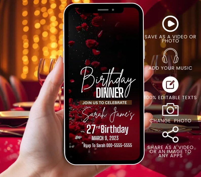 Birthday Dinner Party Invitation | Elegant Video Evite | Editable Canva ...