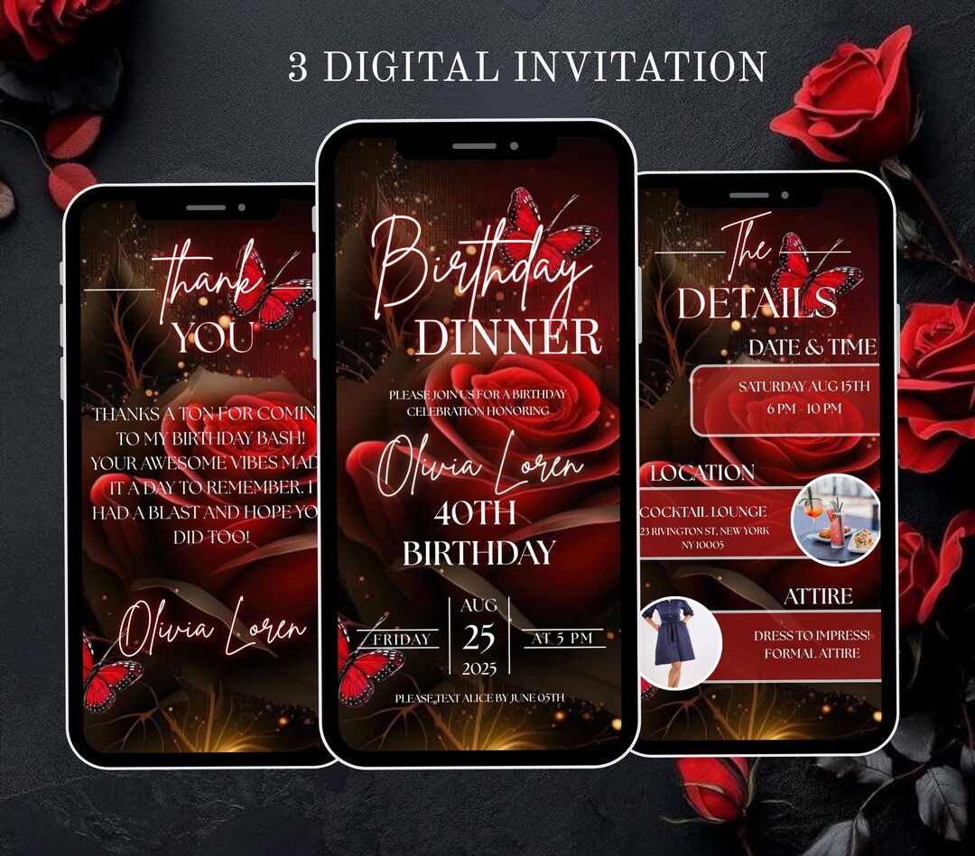 40th Red Rose Birthday Digital Invitation, Elegant Floral Birthday ...
