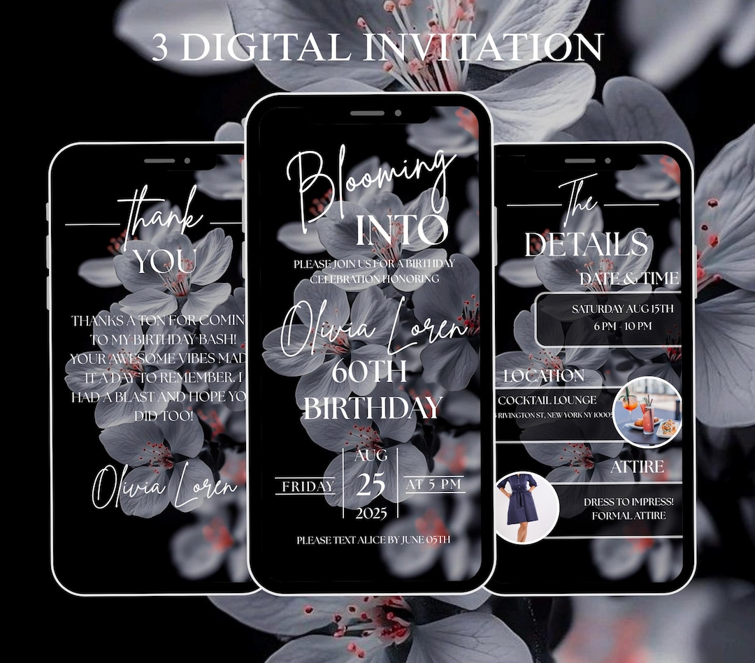 Animated 60th Birthday Invitation, Floral Video Evite, Editable Digital ...