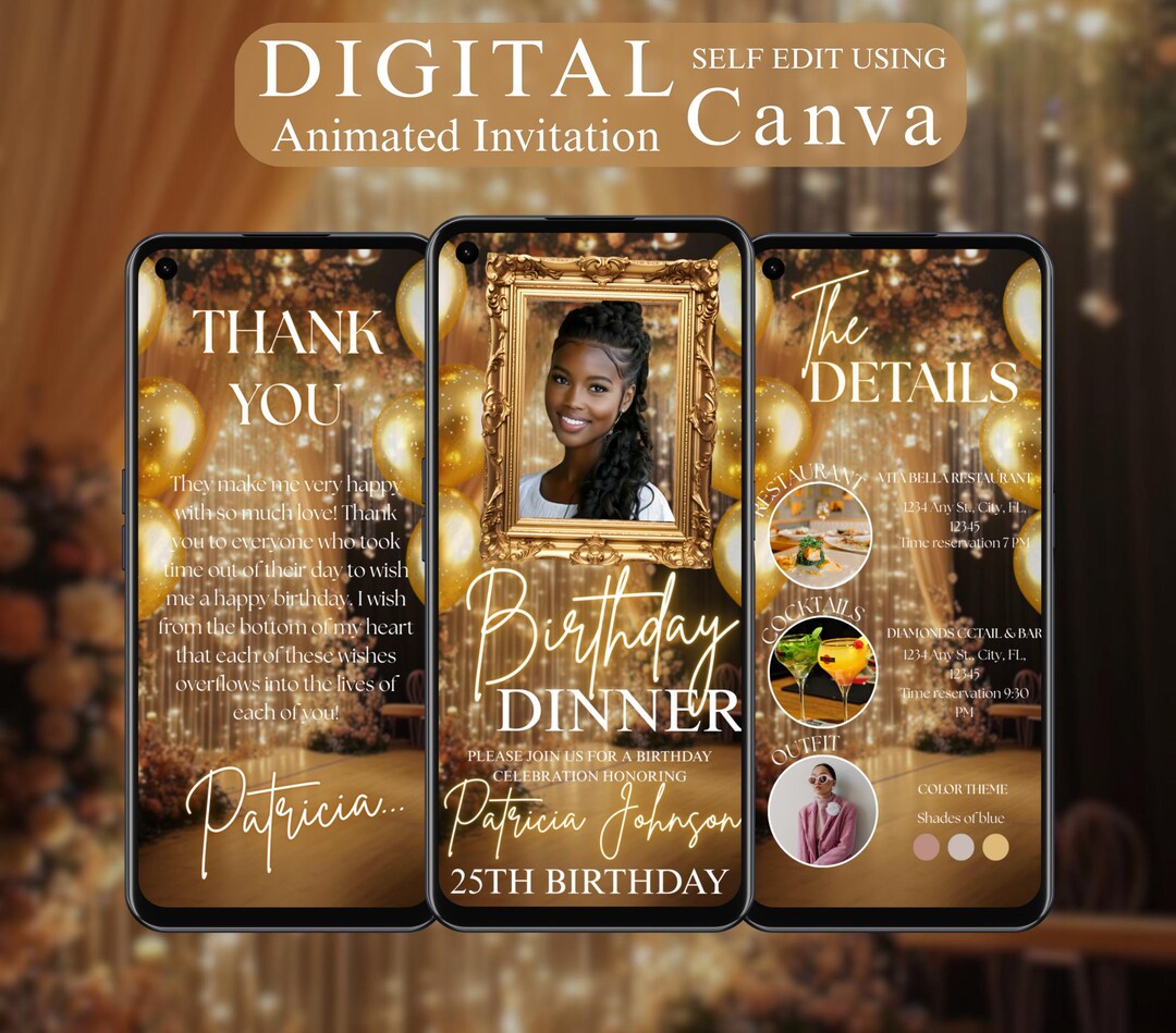 Elegant Gold Birthday Dinner Invitation, Digital Birthday Party Invite ...