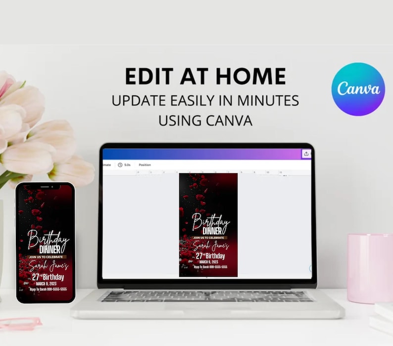 Birthday Dinner Party Invitation | Elegant Video Evite | Editable Canva ...