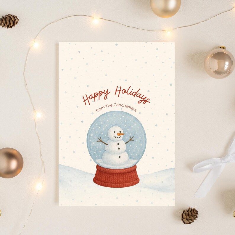 Editable Christmas Card Template | Hand-painted Snowman | Snow Globe ...