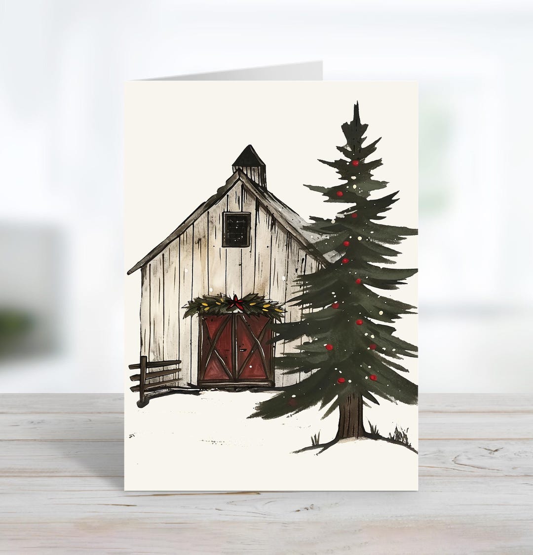 White Country Barn Card | Vintage Christmas Art | Cute Holiday Greeting ...