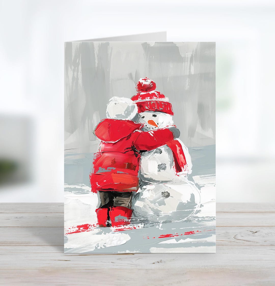 Cute Boy Hugs His Snowman Card | Adorable Christmas Greeting Card ...