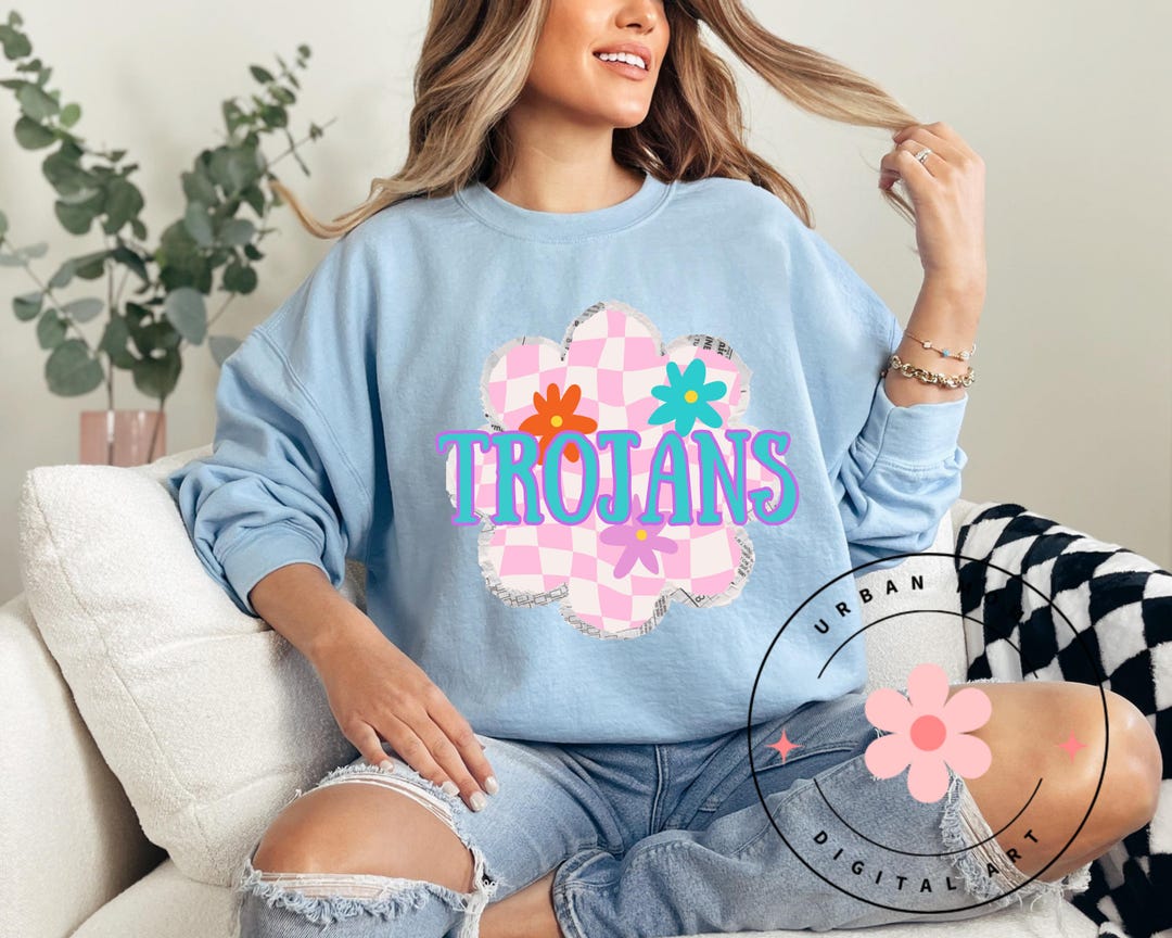 Trojans Retro Flower PNG | Pink Checkerboard Mascot Sublimation Design ...