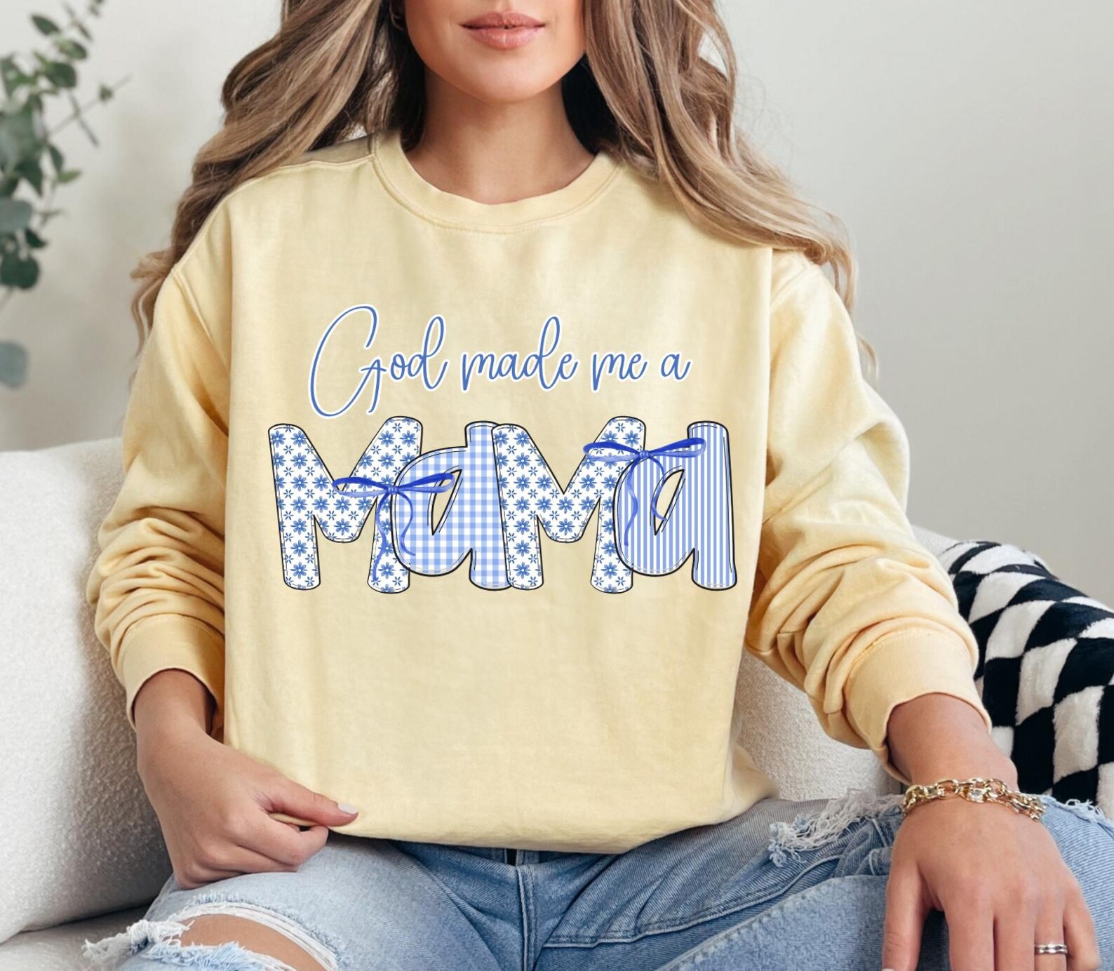 God Made Me a Mama PNG | Blue Gingham & Floral PNG | Coquette Png ...