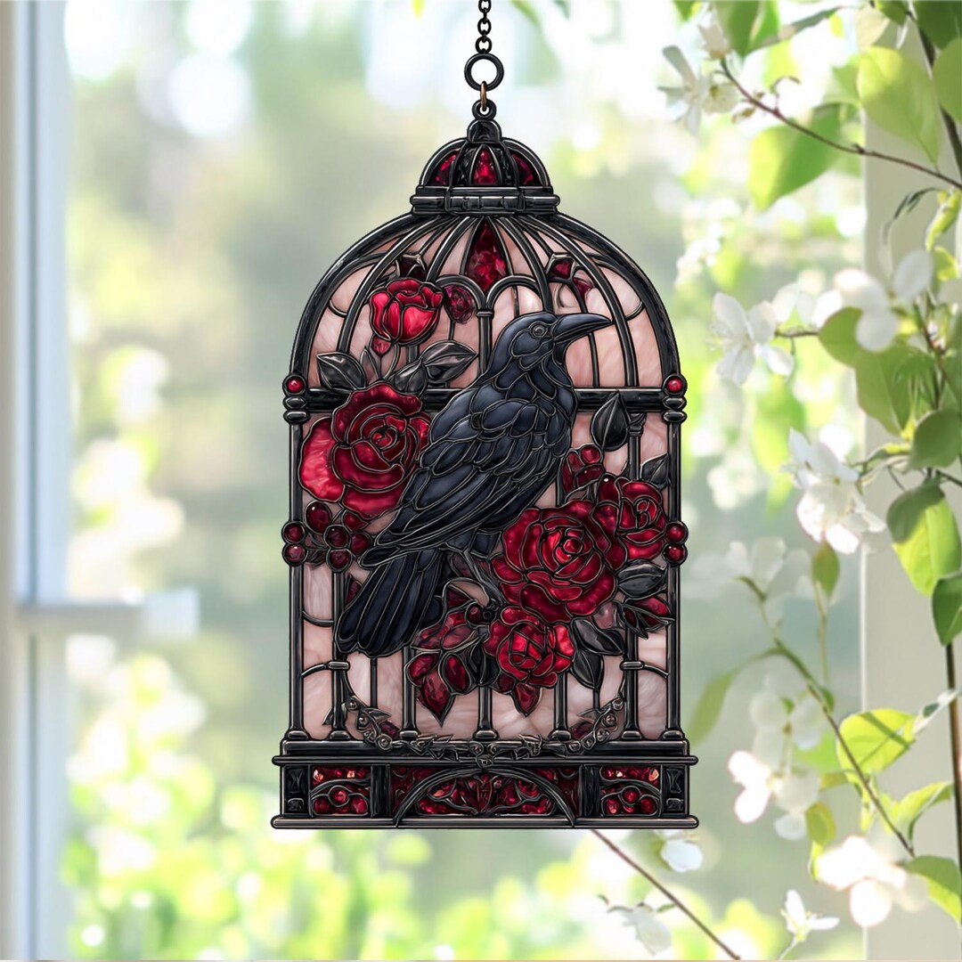 Gothic Raven Rose Stained Glass Lantern Suncatcher, Dark Floral Window ...