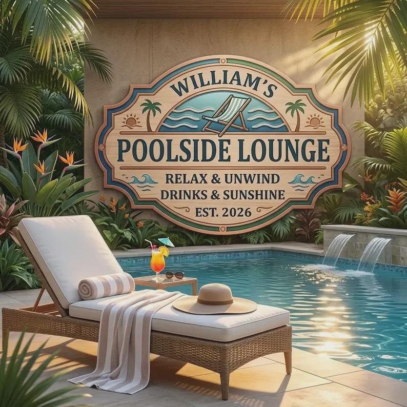 Personalized Poolside Lounge Metal Sign, Custom Pool Bar Wall Decor ...