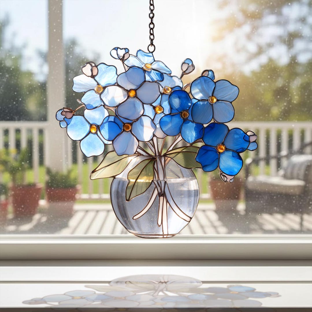 Blue Flower Stained Glass Suncatcher, Forget Me Not Floral Window ...
