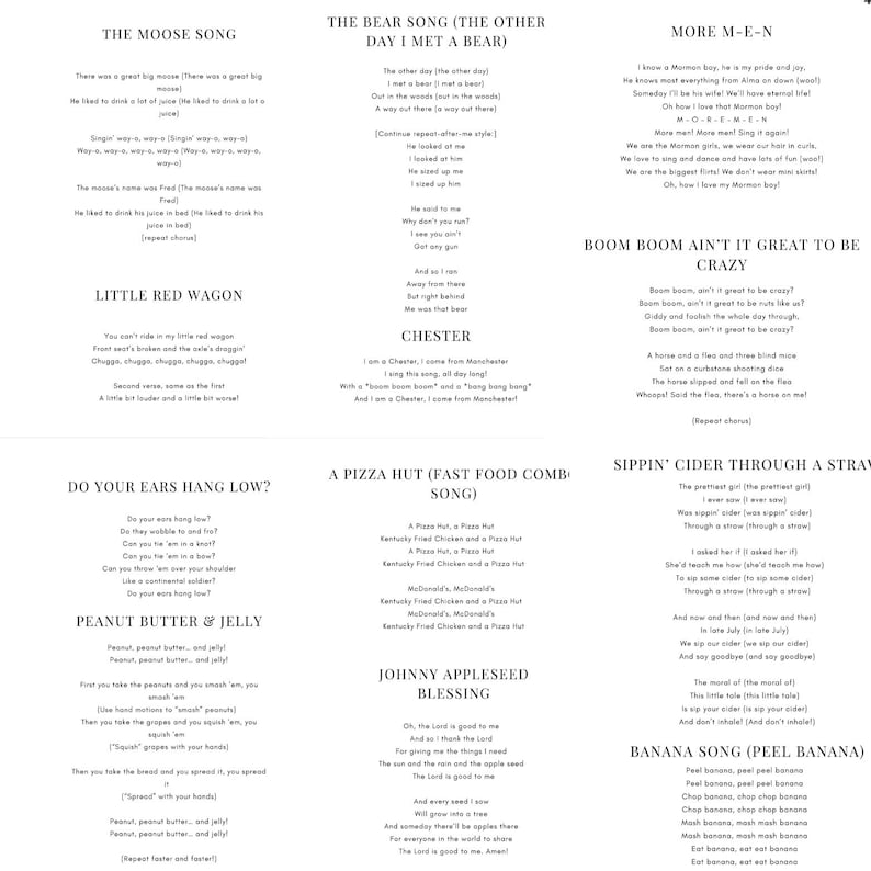 Girls Camp Songbook: 8-page Printable Songs & Lyrics (digital PDF) - Etsy