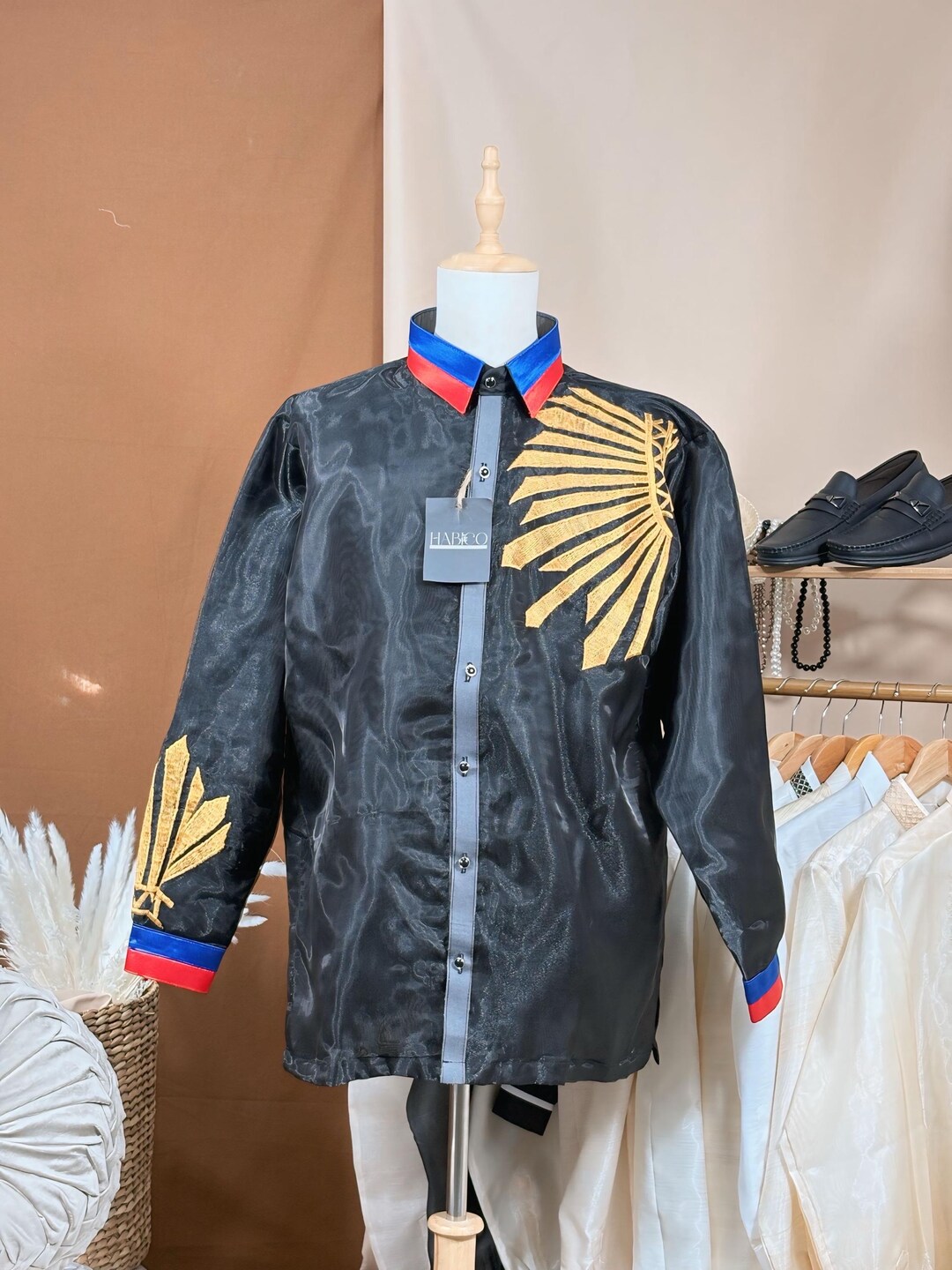 Black Organza "sinag" Barong Tagalog With Patriotic Collar and ...