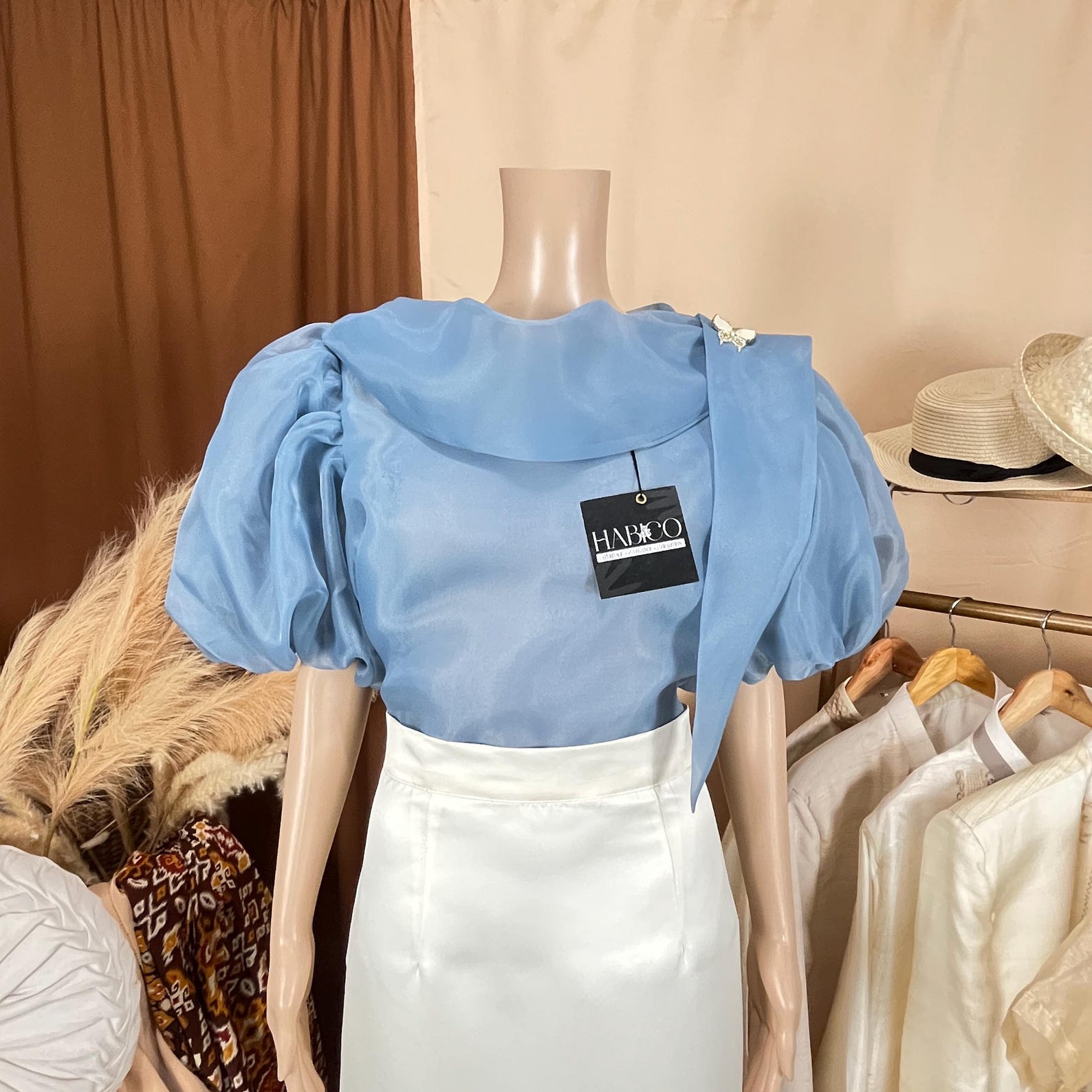 Modern Filipiniana Top – Blue Organza With Butterfly Sleeves - Etsy