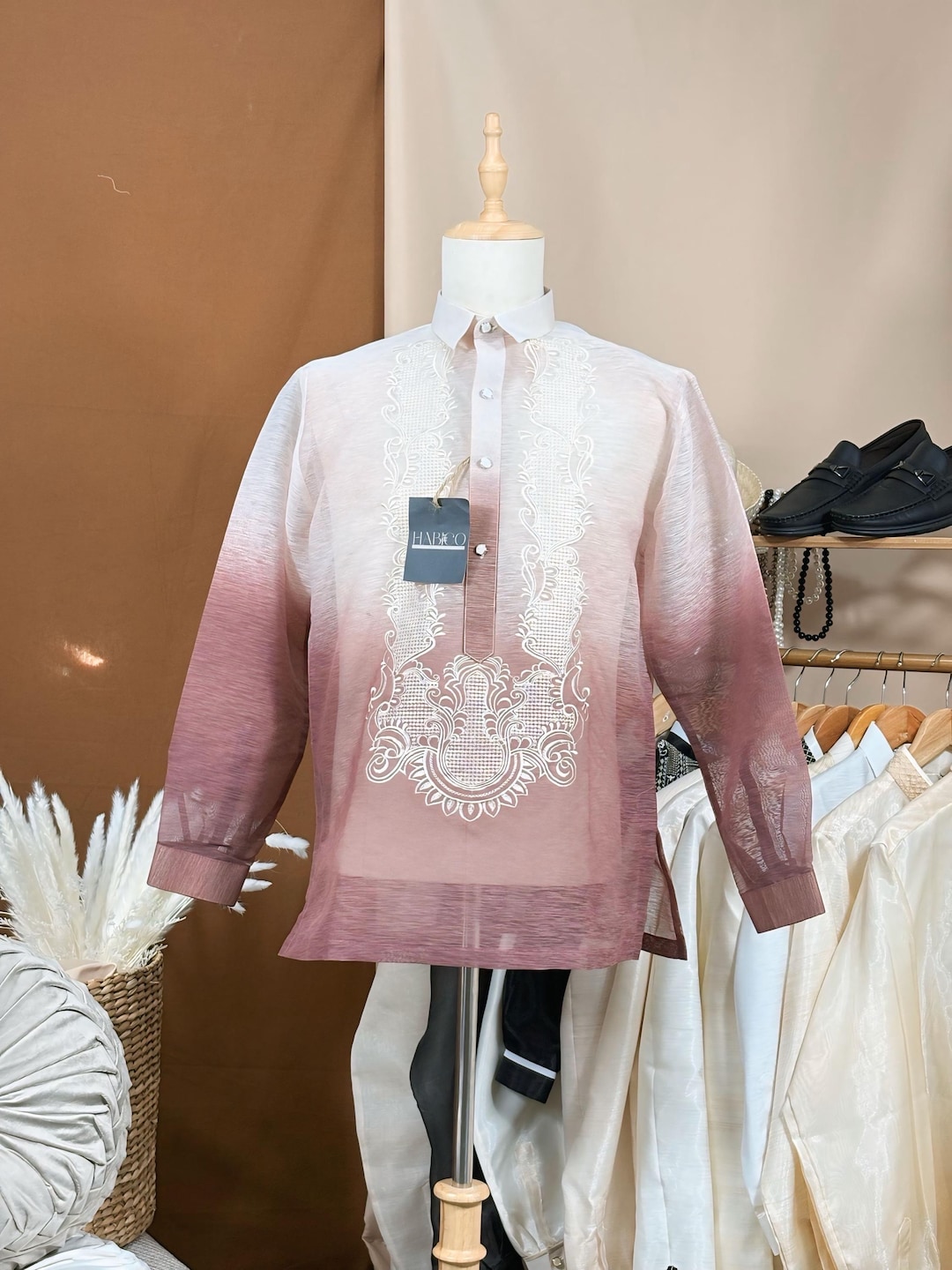 Ombré Maroon Barong Tagalog: Jusilyn Fabric With White Embroidery - Etsy