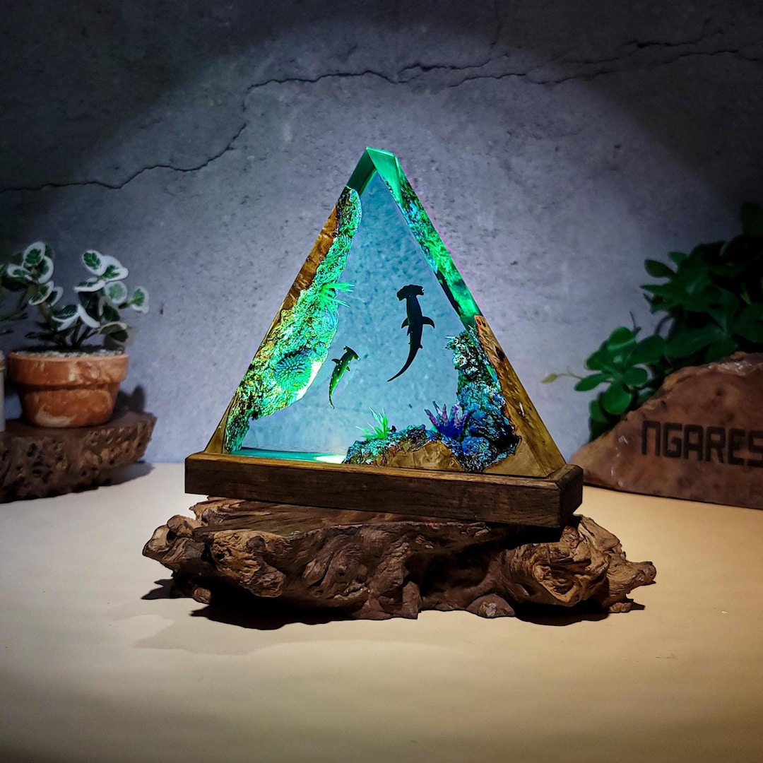 3D Ocean Resin Pyramid: Hammerhead Shark Desk Decor - LED Lit - Etsy
