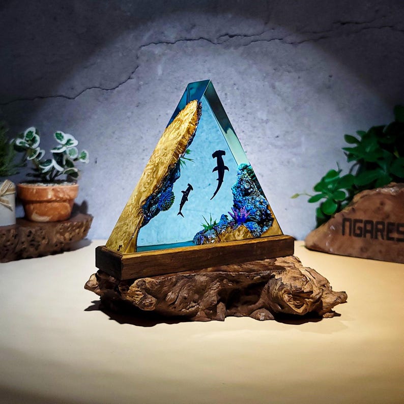 3D Ocean Resin Pyramid: Hammerhead Shark Desk Decor - LED Lit - Etsy