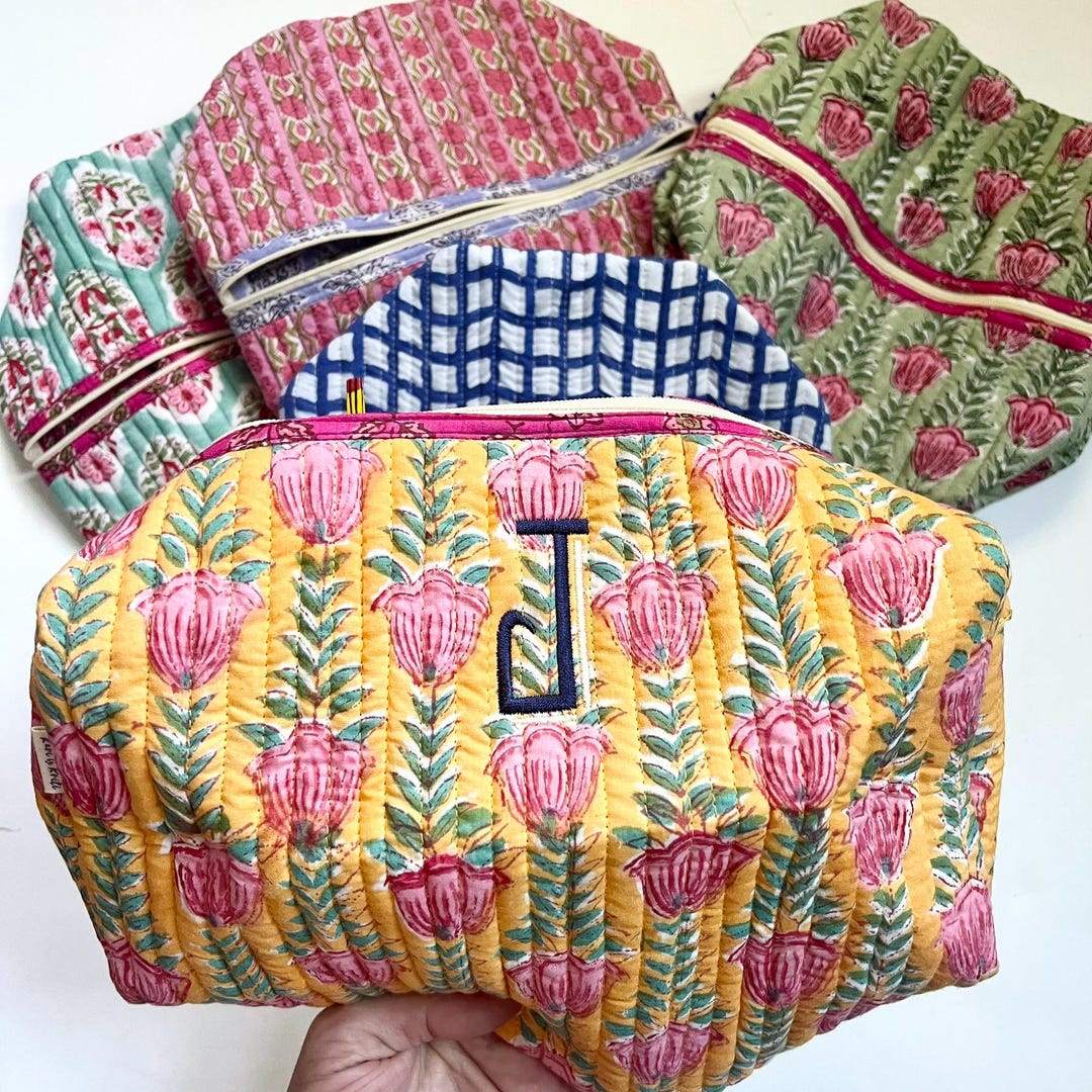 Personalized Quilted Zipper Bag, Custom Initial Makeup Bag, Embroidered ...