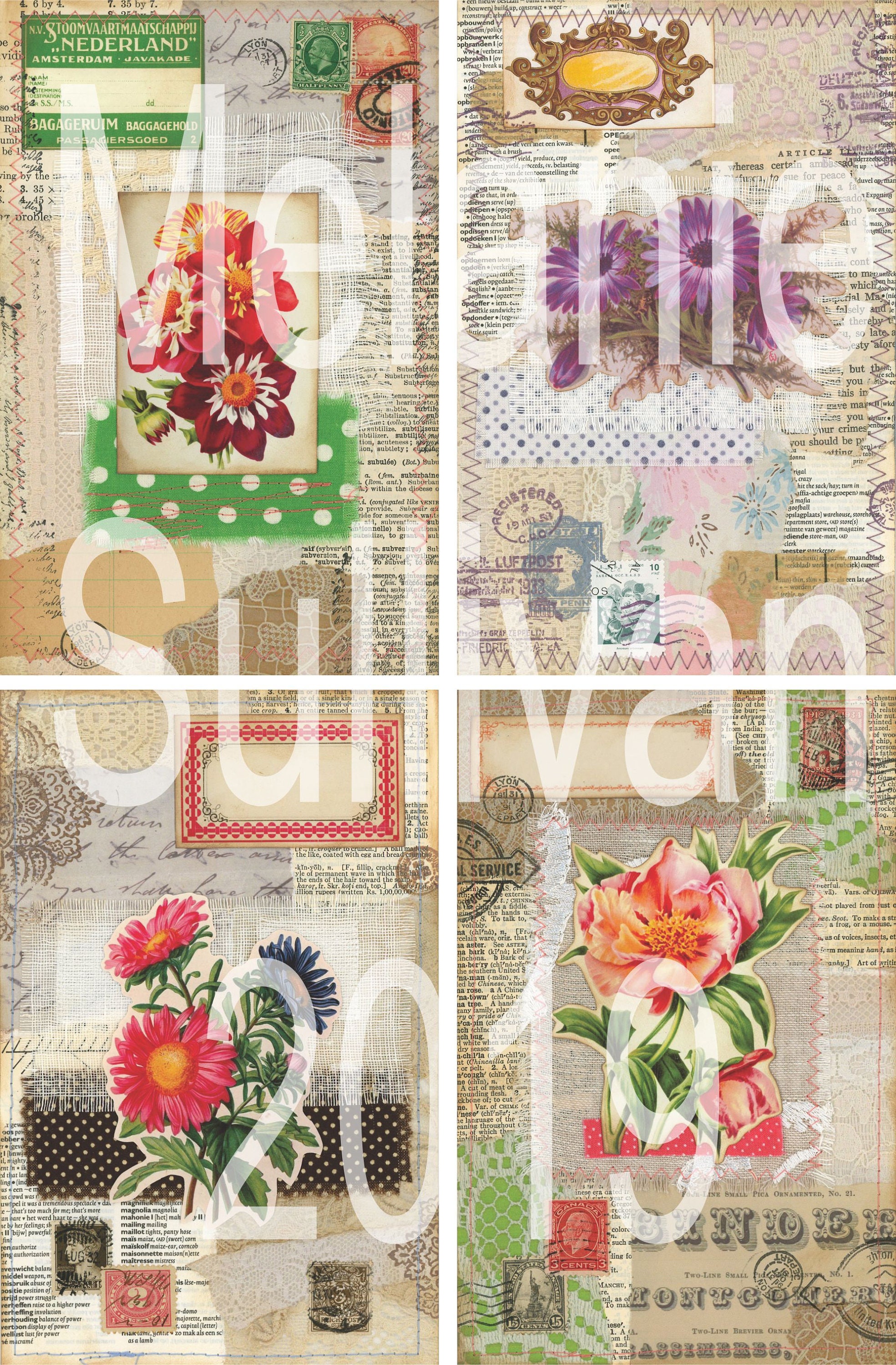 Digital Download: Floral Collage Cards 1 - Set of Four Journaling Cards ...