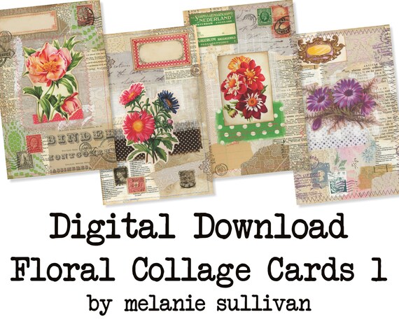Digital Download: Floral Collage Cards 1 Set of Four | Etsy