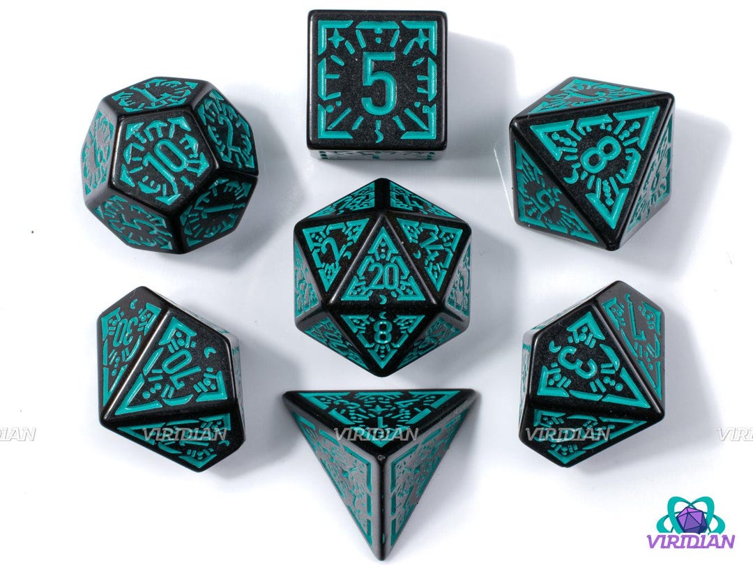 Cyan Night Stars | Black and Teal Ornate Star Design | Acrylic Dice Set ...