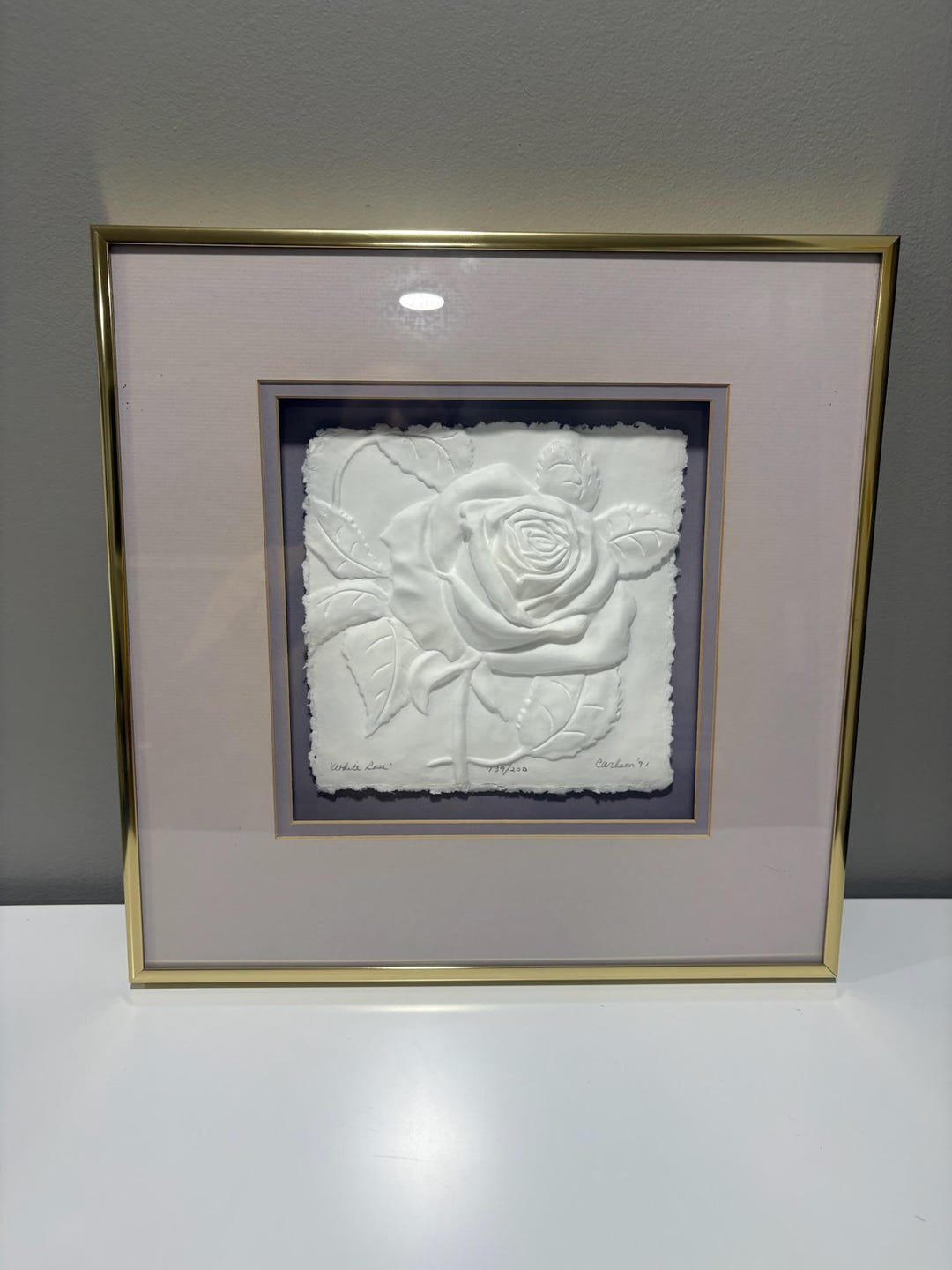 15”x15”x2" Framed Limited Edition Handmade Cast Paper, “white Rose" by ...