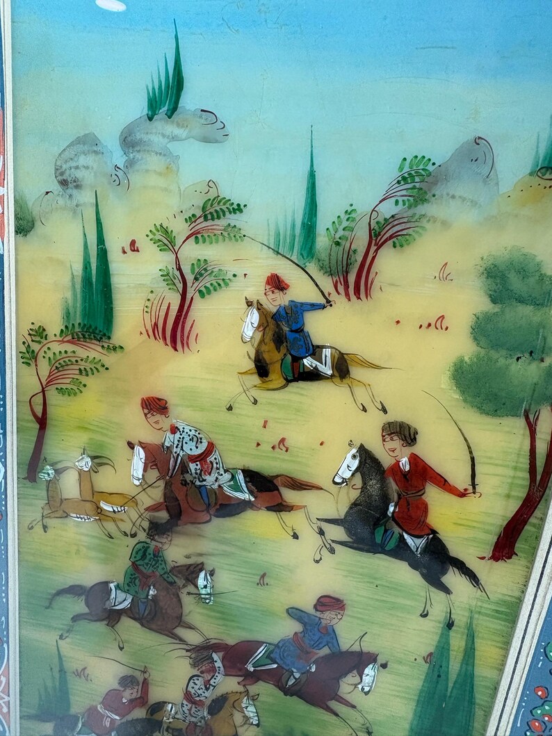 11”x15” Persian Miniature Hunting Scene Painting With Khatam Marquetry ...